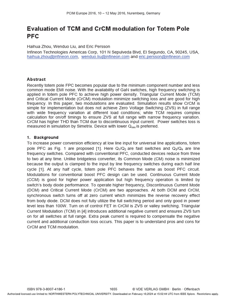 Evaluation of TCM and CRCM Modulation For Totem Pole PFC | PDF | Resonance | Electrical Engineering