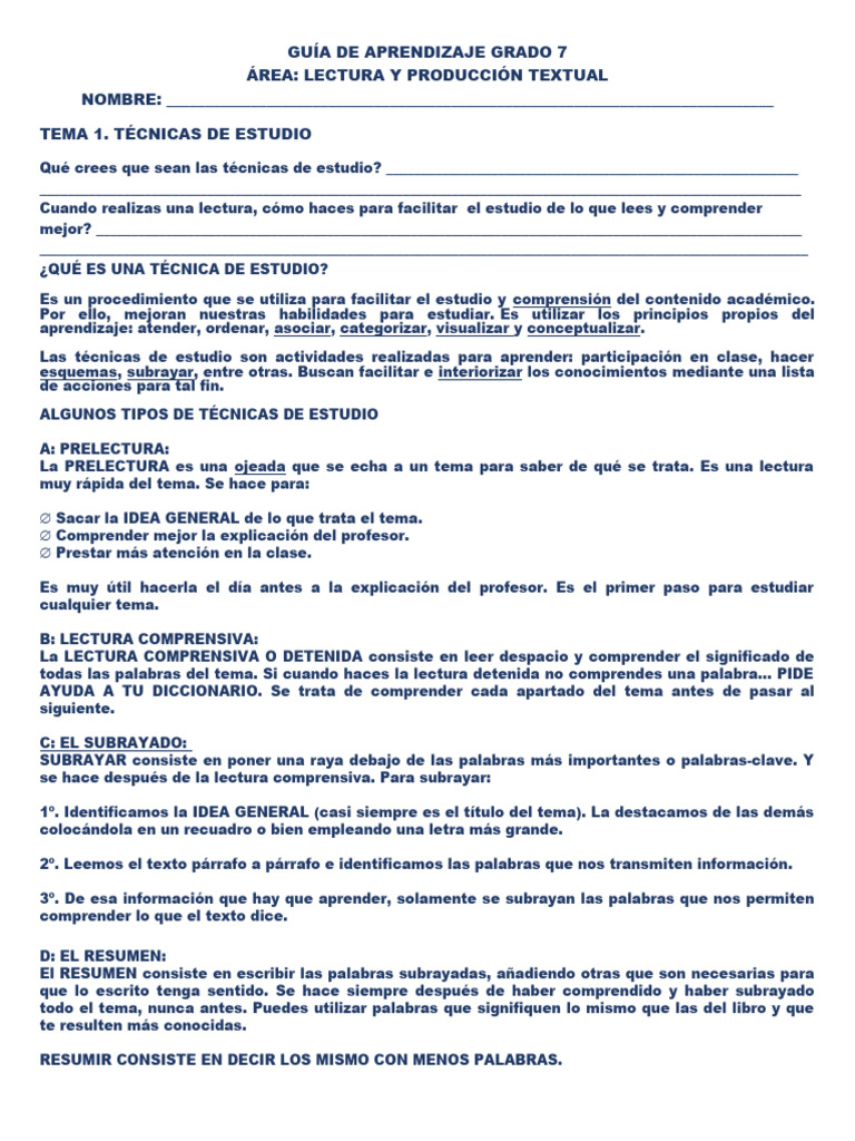 Guía de Aprendizaje Grado 6 | PDF | Habilidades de estudio | Comprensión lectora