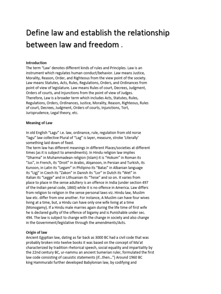 Define Law and Establish The Relationship Between Law and Freedom | PDF ...