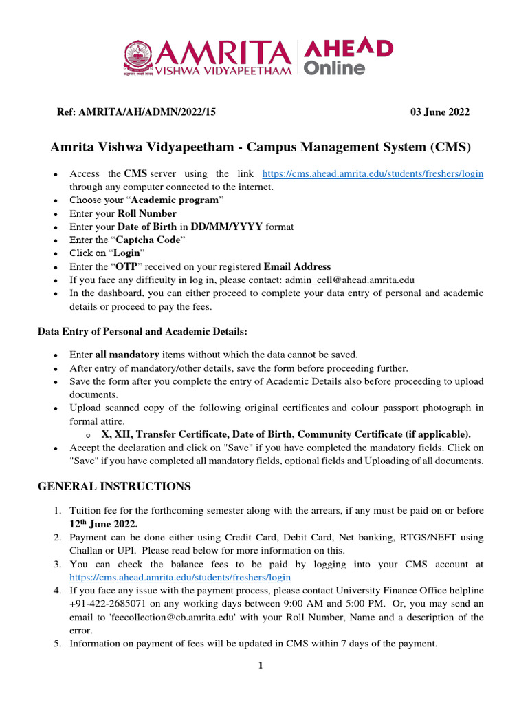 CMS Fee Payment Instructions for Amrita | PDF | Debit Card | Payments