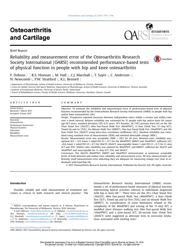 Reliability and Measurement Error of The Osteoarthritis Research ...