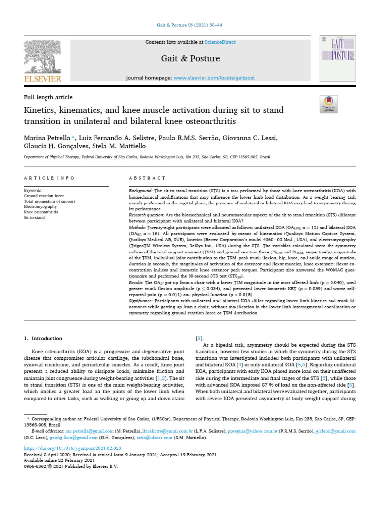 Kinetics, Kinematics, and Knee Muscle Activation During Sit To Stand ...