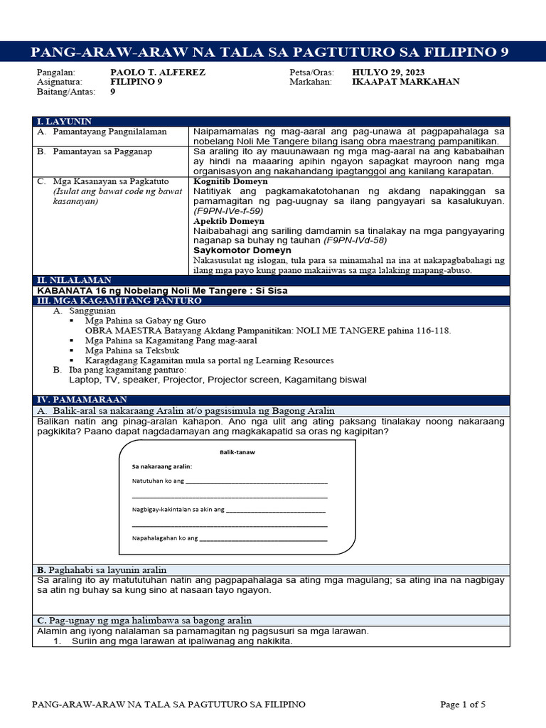 LP COT Kabanata 16 Si Sisa | PDF