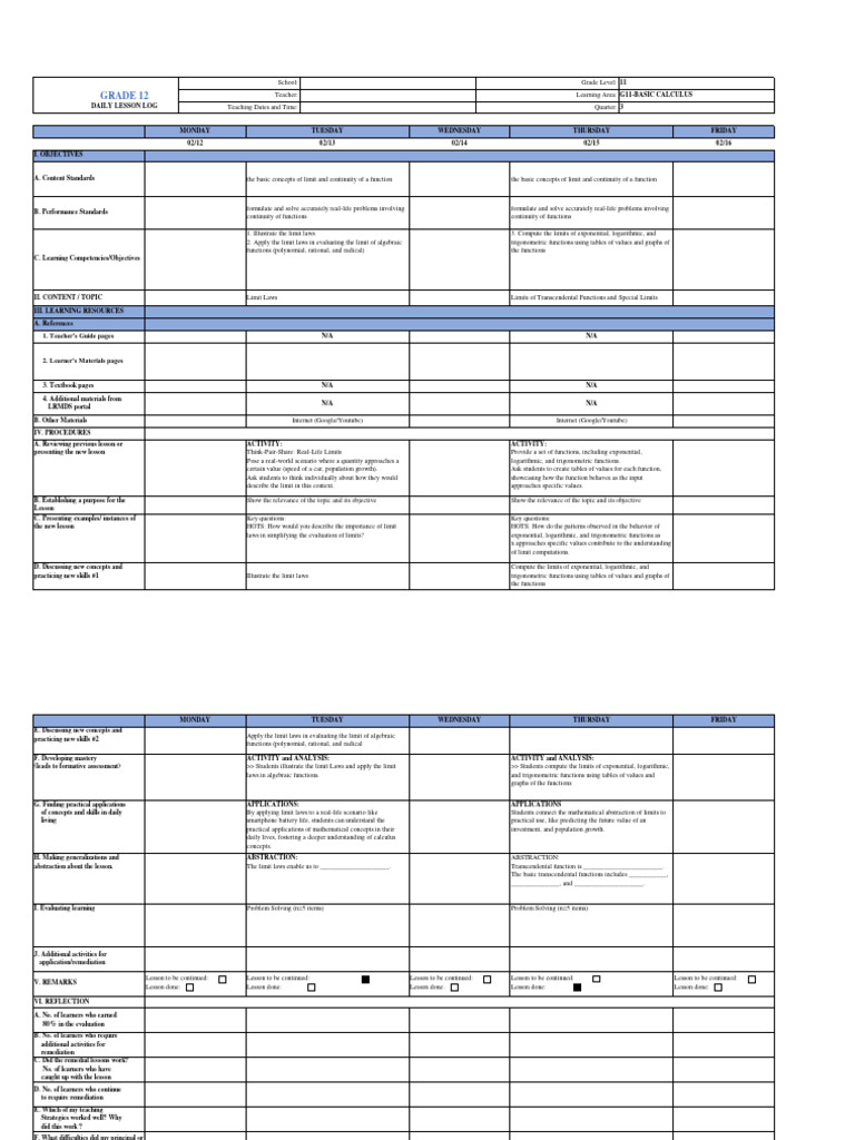 DLL - G11 - Basic Calculus Week 3 | PDF | Function (Mathematics) | Logarithm