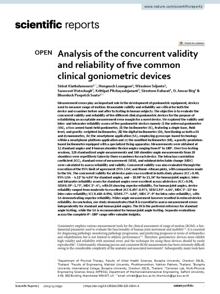 Analysis of The Concurrent Validity and Reliability of Five Common ...