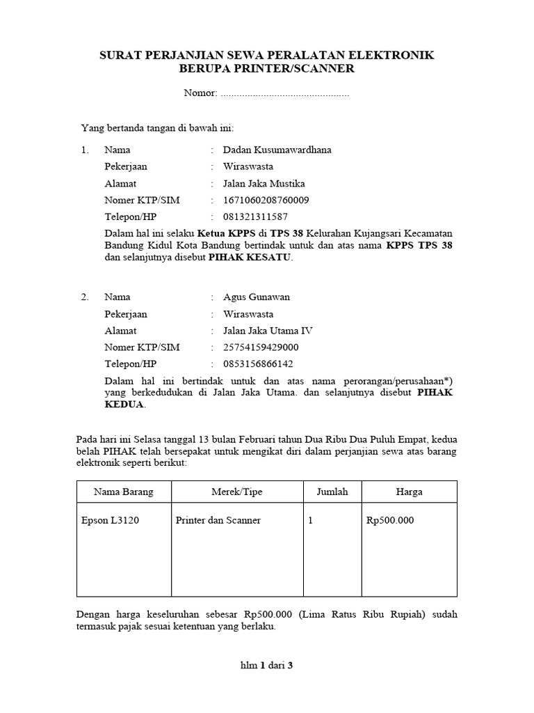Perjanjian Sewa Printer-Scanner Pemilu | PDF