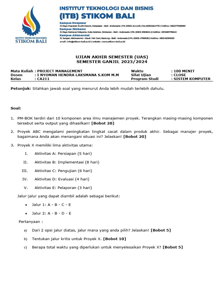 Soal UAS Project Management CA211 | PDF