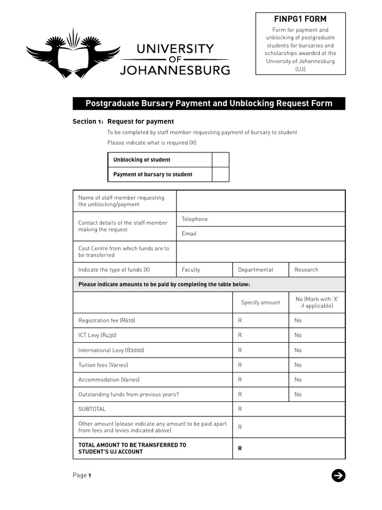 UJ FINPG1 Unblocking Bursaries Form | PDF | Postgraduate Education | Banks