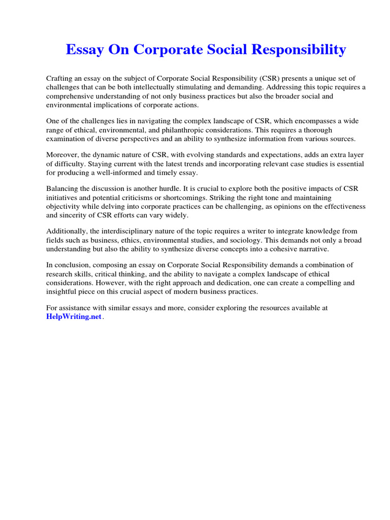 Essay on Corporate Social Responsibility | PDF | Corporate Social ...