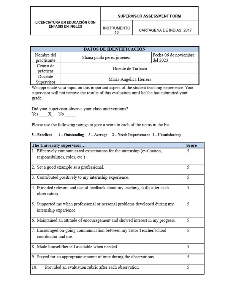 Supervisor Assessment by The Student | PDF | Education Theory ...
