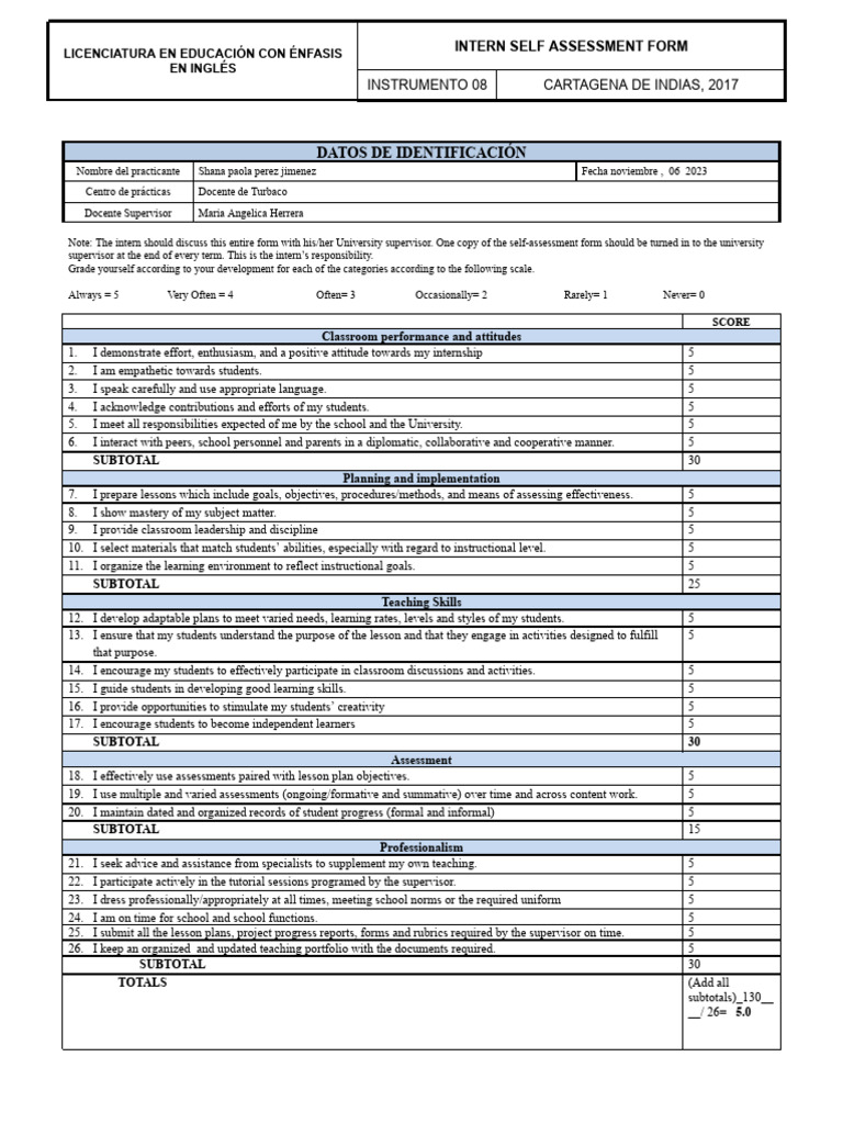 Intern Self Assessment Pdf Lesson Plan Learning