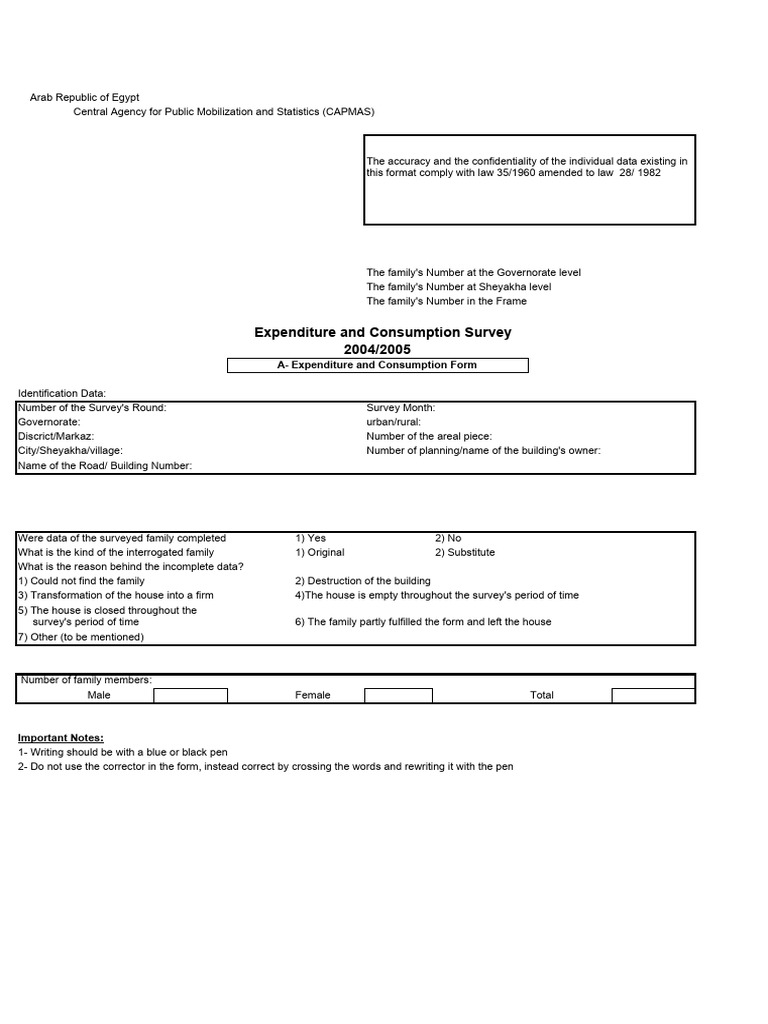 CAPMAS HIECS 2004-2005 English Questionnaire | PDF | Unemployment | Poultry