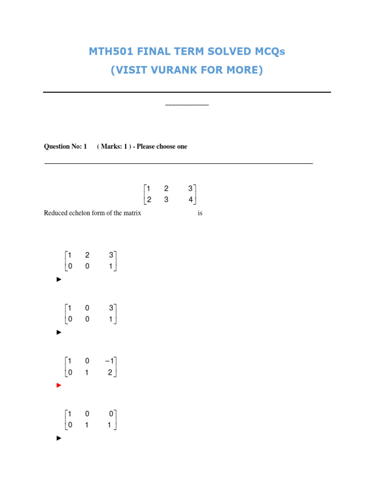 MTH501 FINAL TERM SOLVED MCQs | PDF | Matrix (Mathematics) | Linear Map MTH501 FINAL TERM SOLVED MCQs | PDF | Matrix (Mathematics) | Linear Map