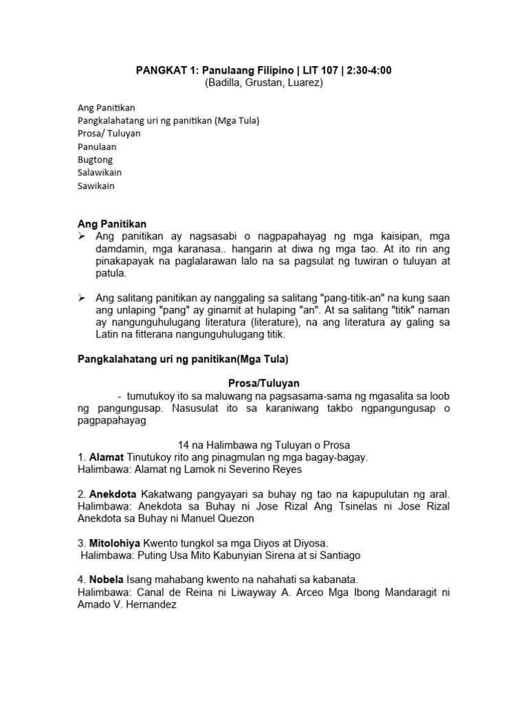PANGKAT 1 Panulaang Filipino | PDF