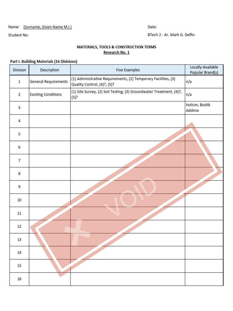 Research 1 Materials, Tools Construction Terms - Sample | Download Free ...