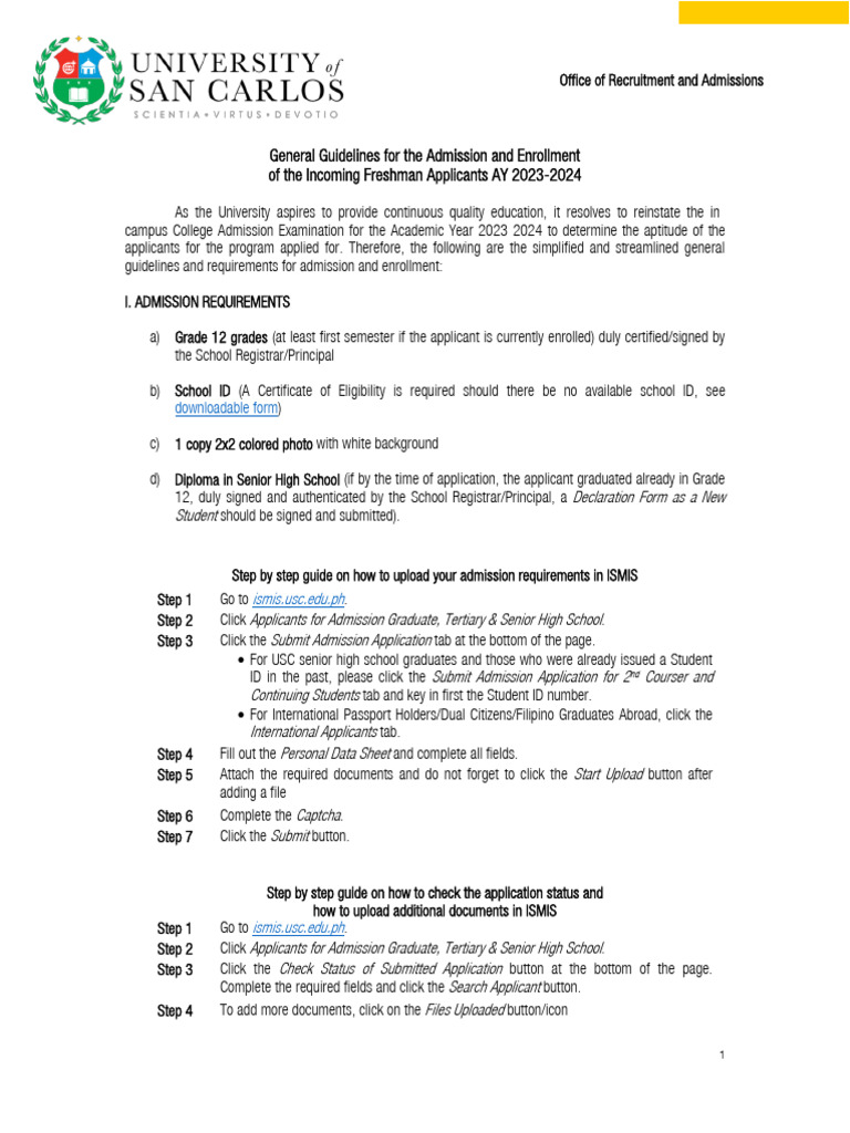 Approved General Guidelines For Admission and Anrollment of Incoming ...