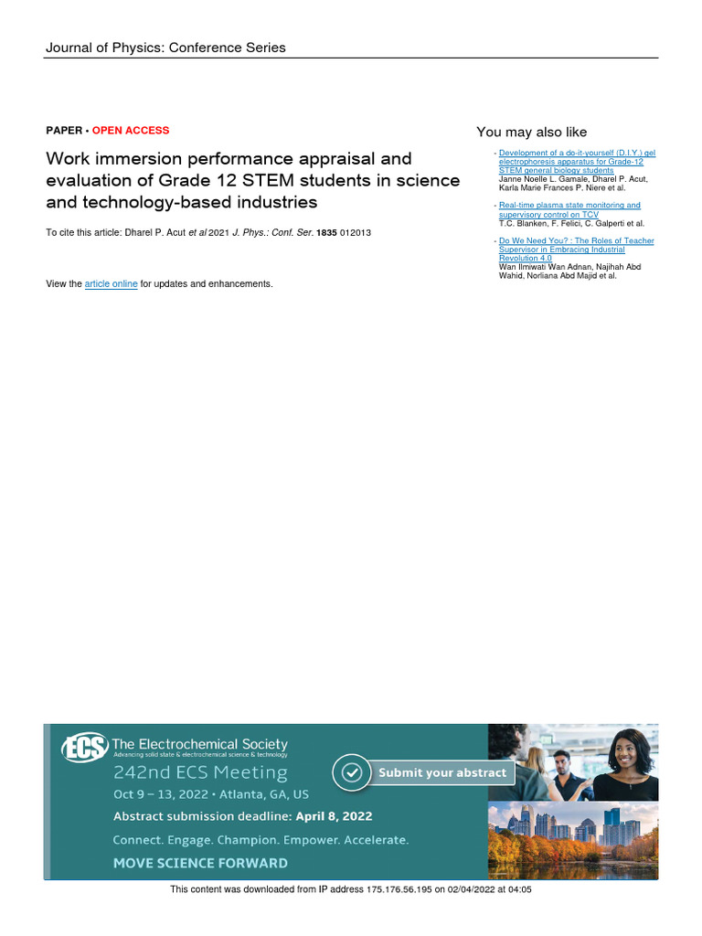 STEM Students' Work Immersion Evaluation | PDF | Cognitive Science | Behavior Modification