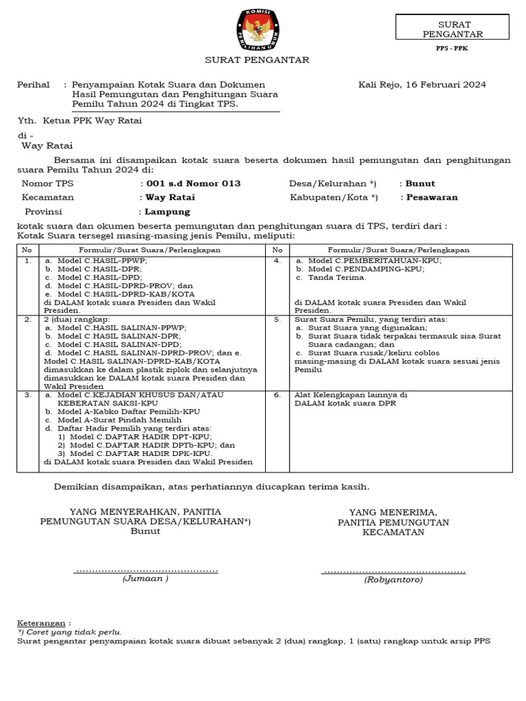 J. Surat Pengantar Penyampaian Berita Acara (PPS Ke PPK) | PDF