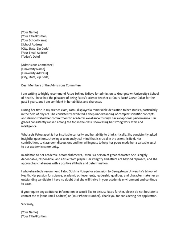 Draft Science Teacher Recommendation Letter | PDF