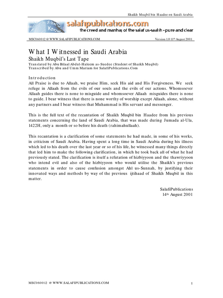 Shaikh Muqbil's Reflections on Saudi Arabia | PDF | Muhammad | Sheikh