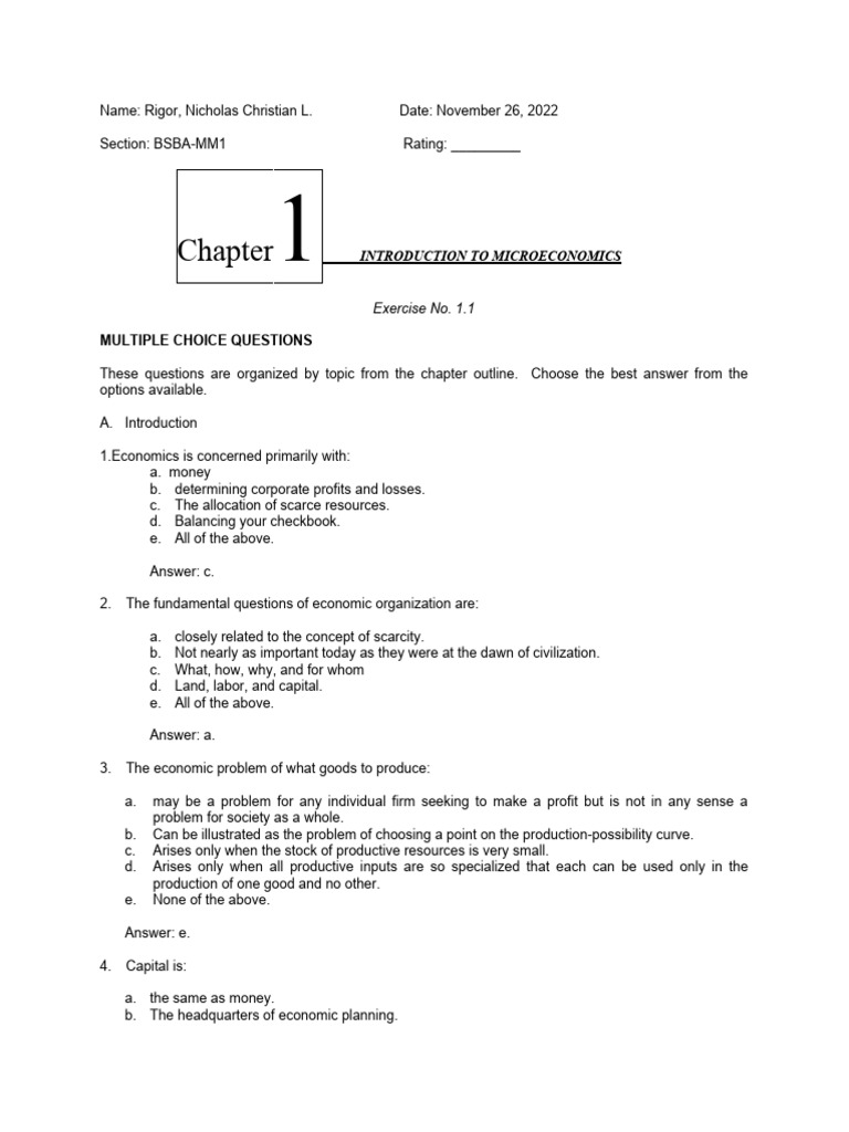 Basic Microeconomics Chapter 1 and 2 Exercises | PDF | Supply ...