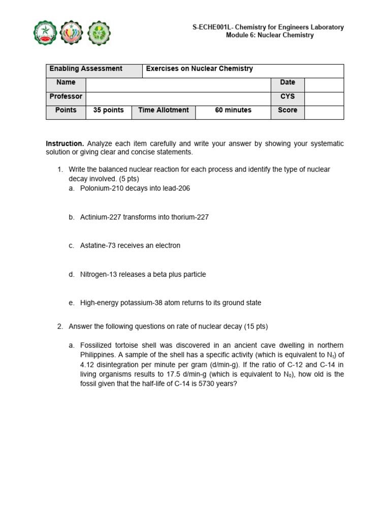 Exercises On Nuclear Chem (Lab) | PDF | Radioactive Decay | Chemistry