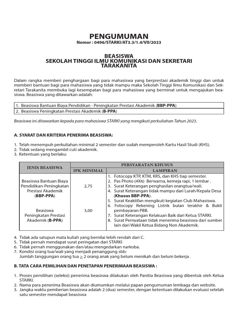 Pengumuman Beasiswa PPA BBP PPA STARKI 2023 Lengkap OK | PDF