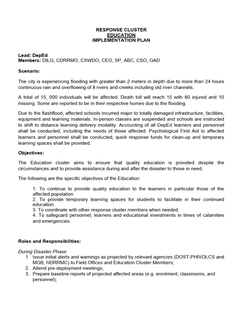 RESPONSE CLUSTER Education Implan | PDF | Emergency Evacuation | Learning