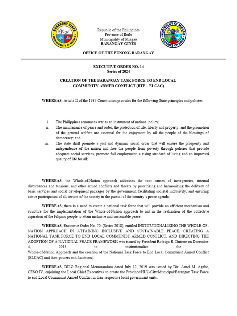 Eo - Barangay Task Force To End Local | PDF | Peace | Philippines