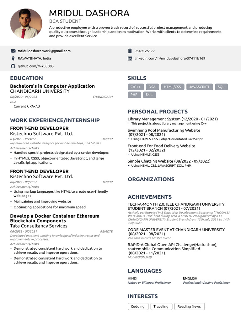 Mridul Resume | PDF | Html5 | World Wide Web
