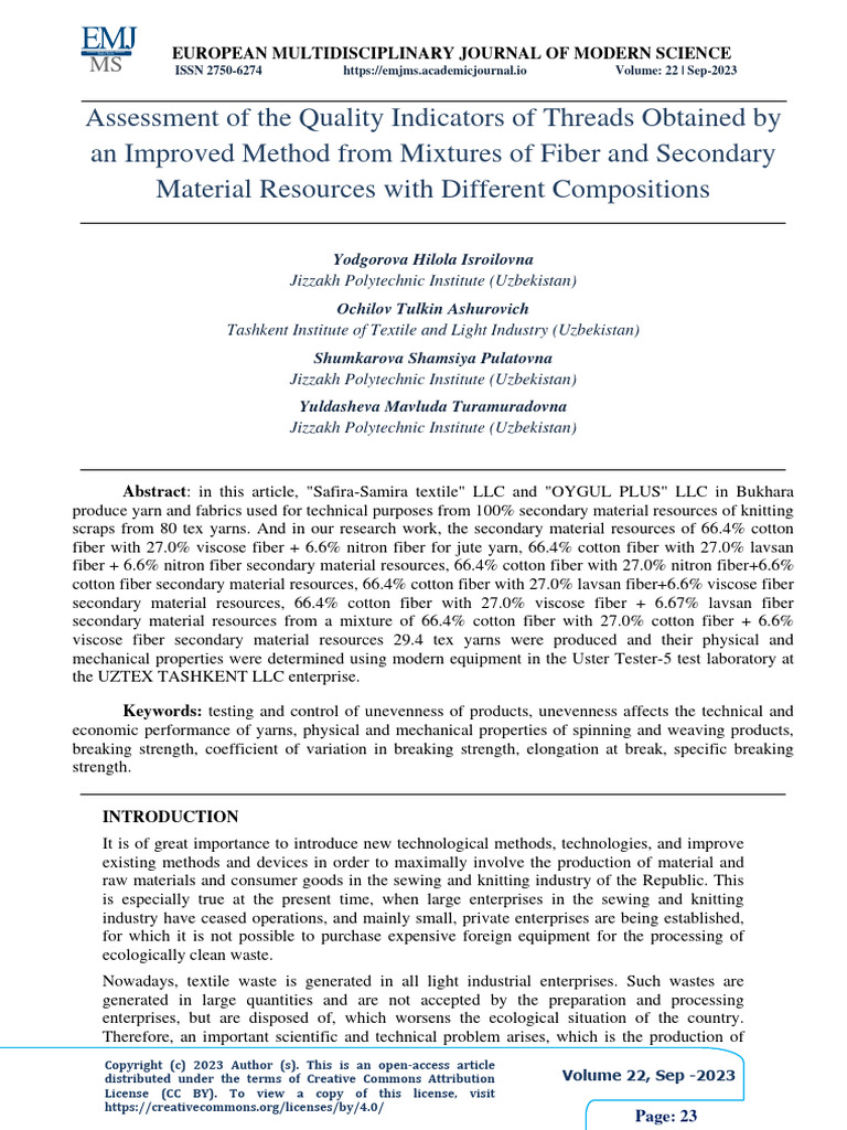 Assessment of The Quality Indicators of Threads Obtained by An Improved ...