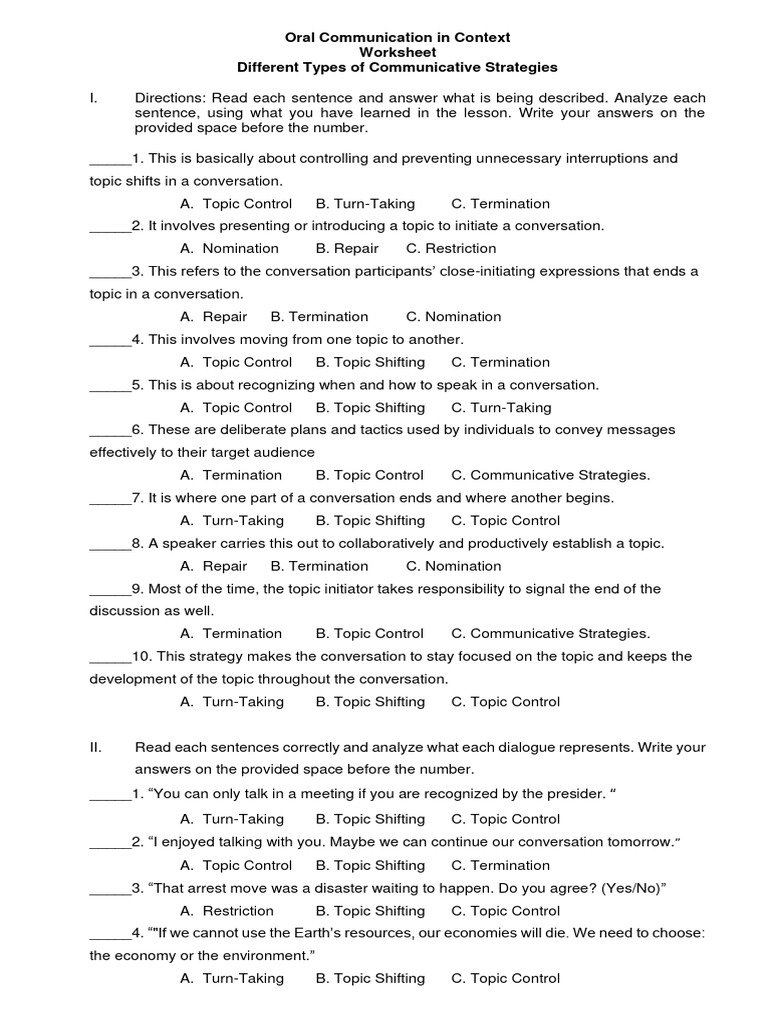Oral Communication in Context Grade 11 Worksheet | PDF | Conversation ...