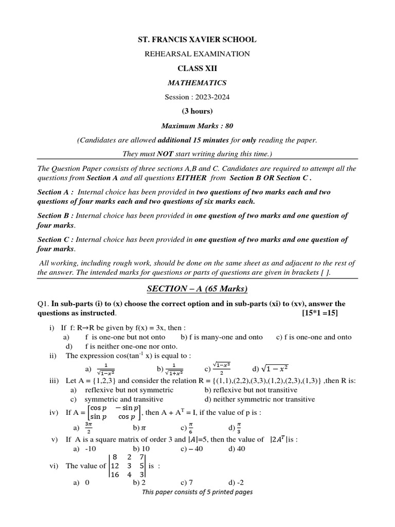 Maths Class 12 Isc Preboards | PDF | Mathematics | Elementary Mathematics