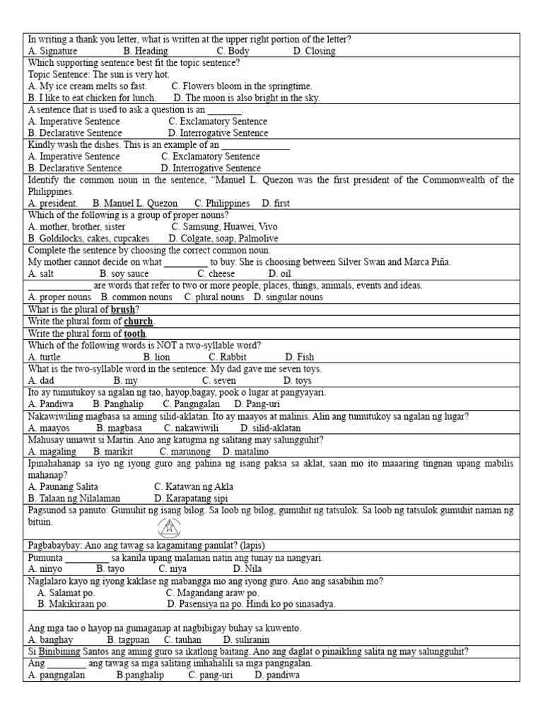 Elln Quiz Bee Questions | Download Free PDF | Plural | Linguistic Typology