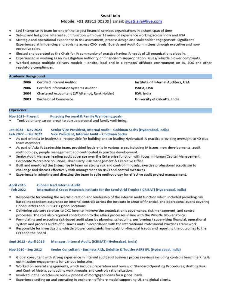 Swati Jain: Internal Audit Leadership | PDF | Internal Audit | Audit