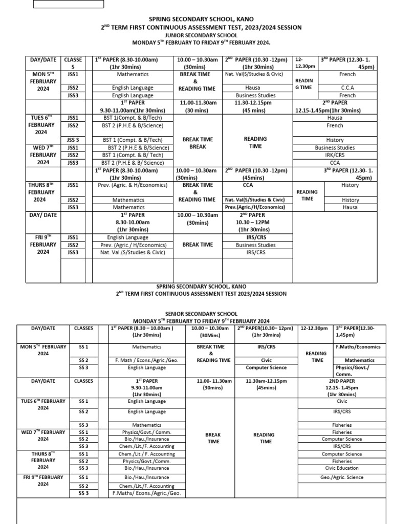 Spring Secondary School Exam Timetable | PDF | Science