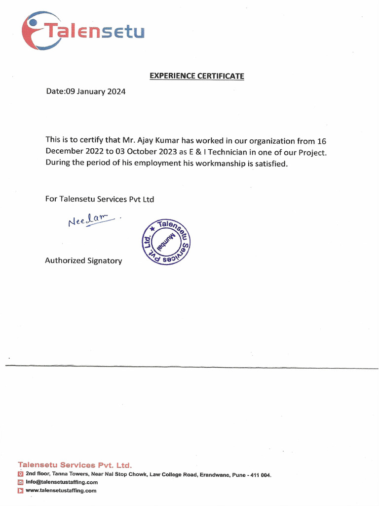 Ajay Kumar-Experience Certificate | PDF
