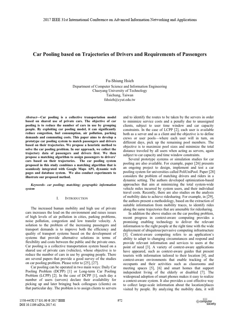 Carpolling iEEE Base Paper - 1 | PDF | Transport | Car