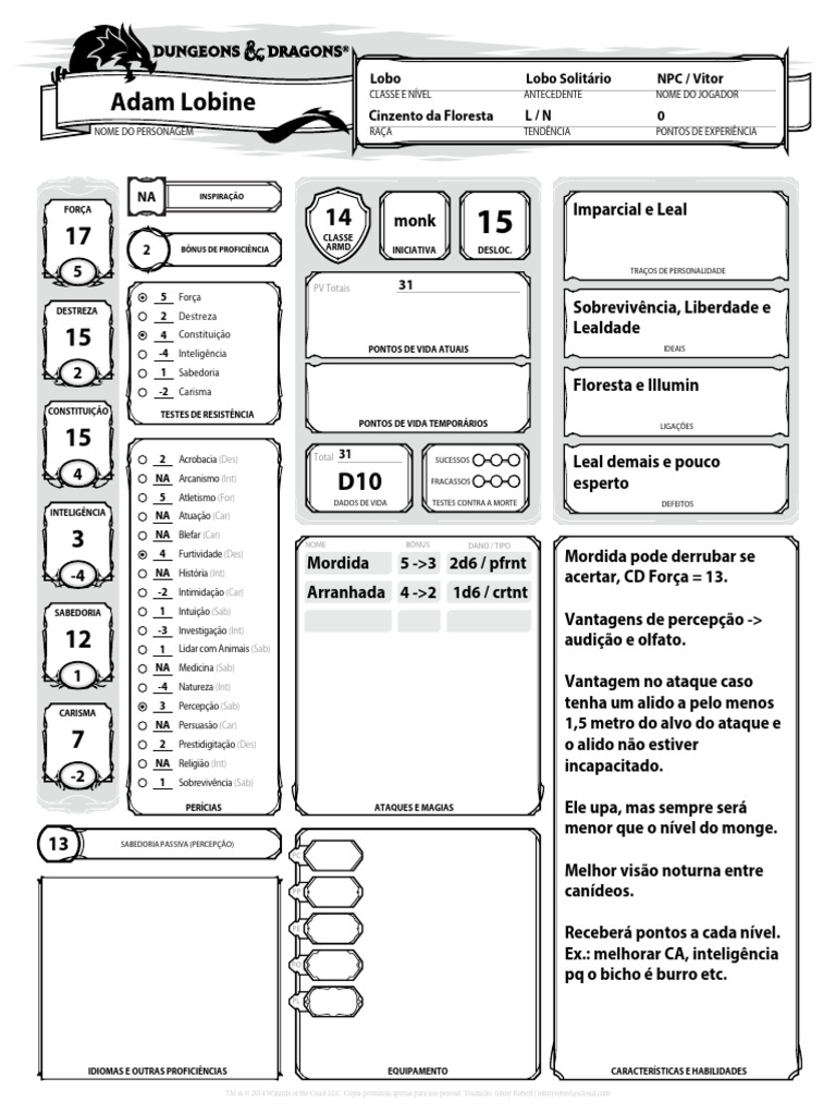 Ficha Do Adam Lobine (NPC-EFM-MestreCV) | PDF