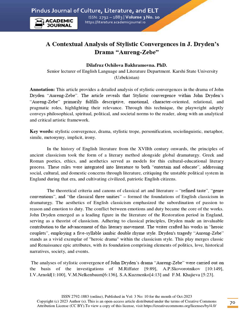 A Contextual Analysis of Stylistic Convergences in J. Dryden's Drama "Aureng-Zebe" | PDF ...
