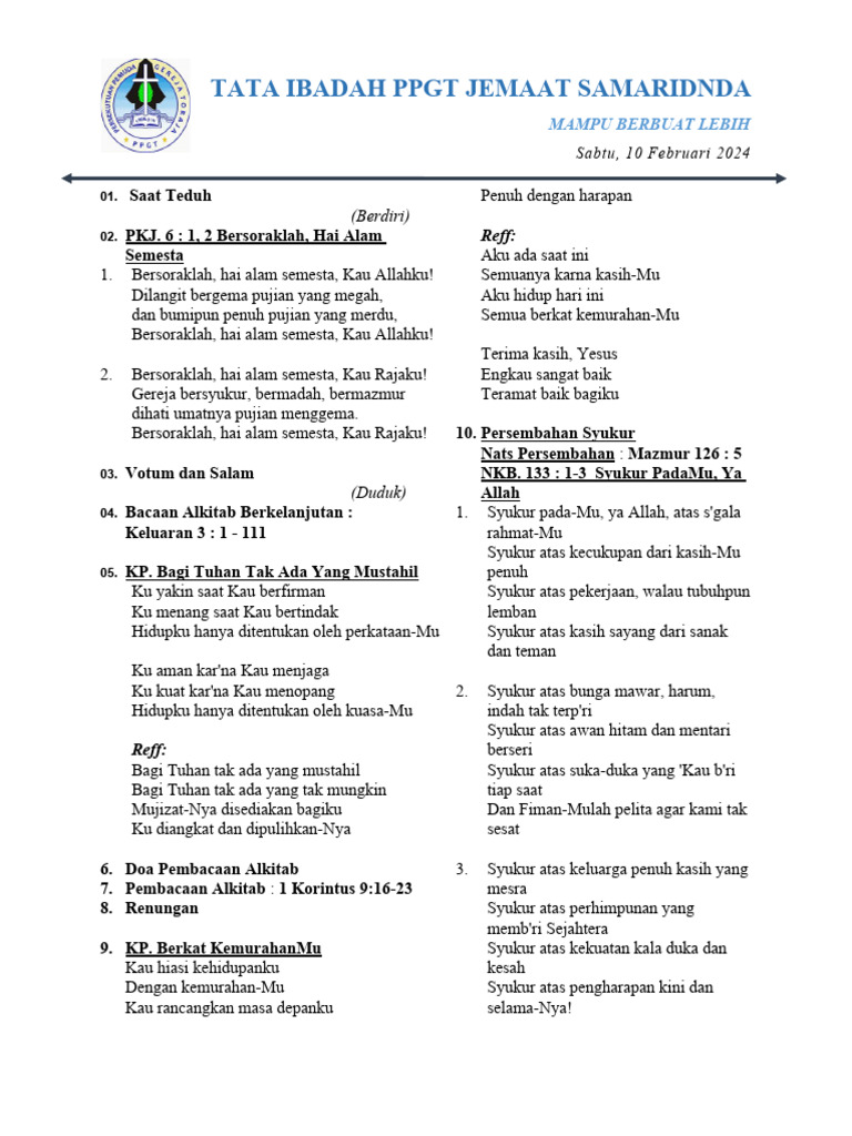 Tata Ibadah PPGT 2024 Gereja Toraja | PDF