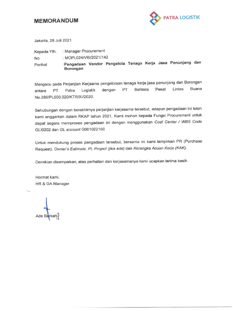 Memo Pengadaan Vendor | PDF