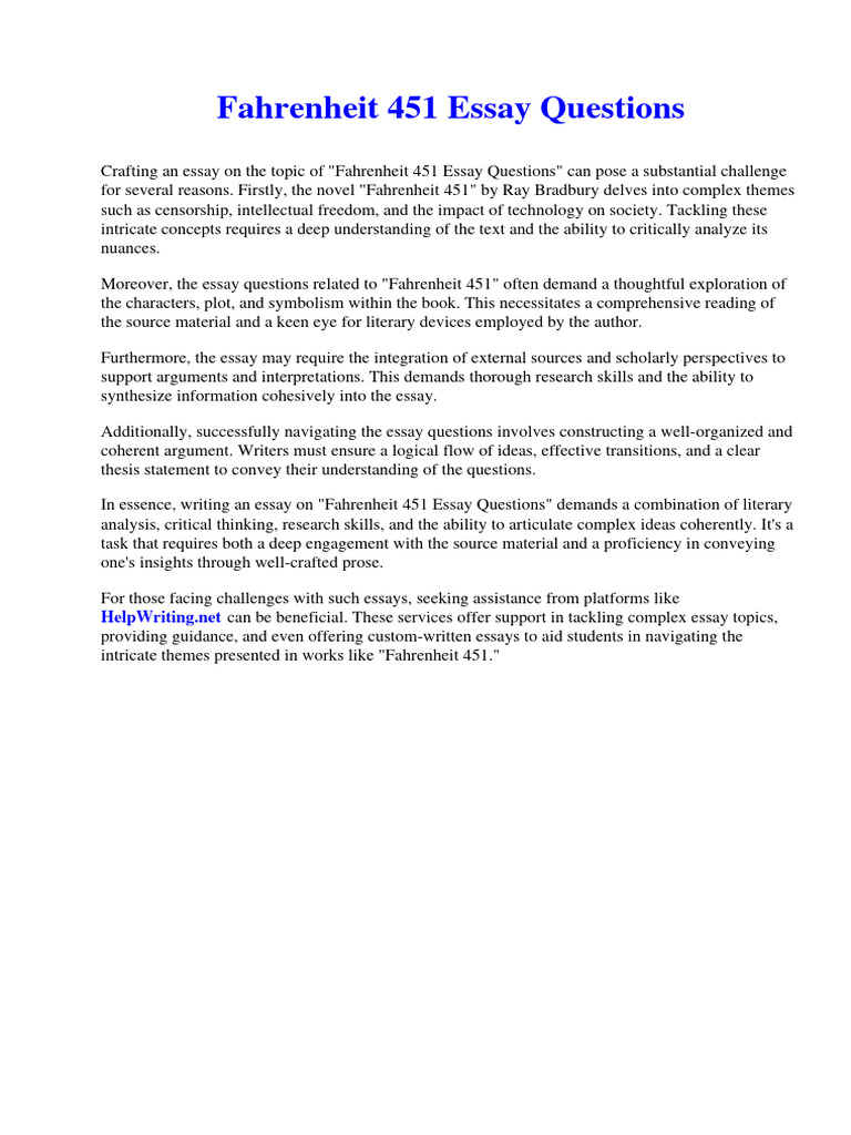 Fahrenheit 451 Essay Questions | PDF | Essays | Blues