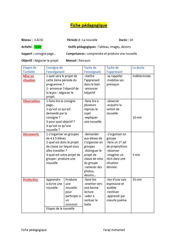 Fiche Pédagogique : Activité Orale 3 ACSC | PDF | Pédagogie ...
