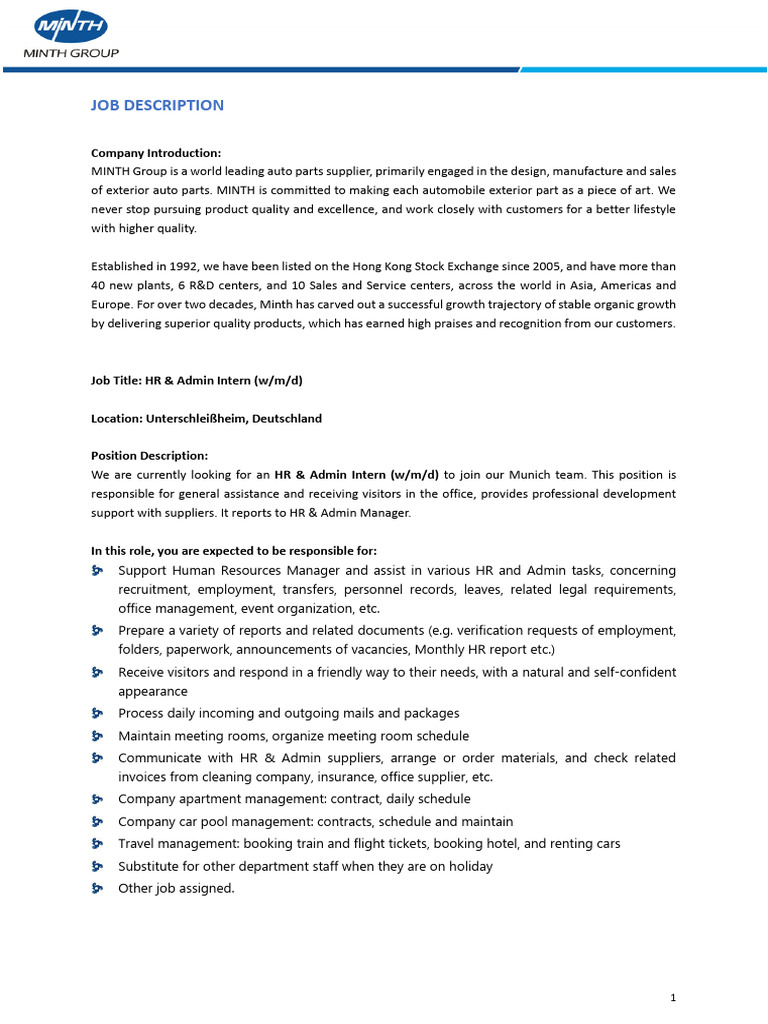 HR & Admin Intern Job at MINTH Group | PDF | Employment | Human ...