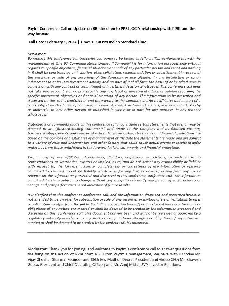 Paytm RBI Direction To PPBL 1 Feb 2024 | Download Free PDF | Banking ...