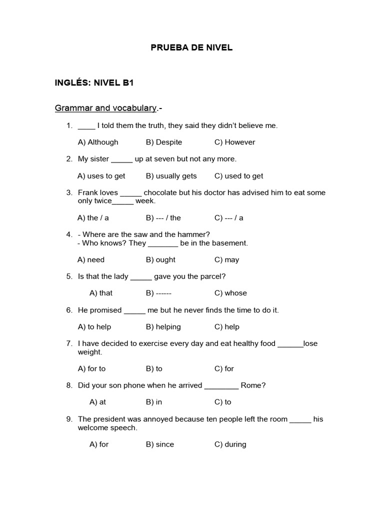 Inglés Prueba de Nivel B1 | PDF