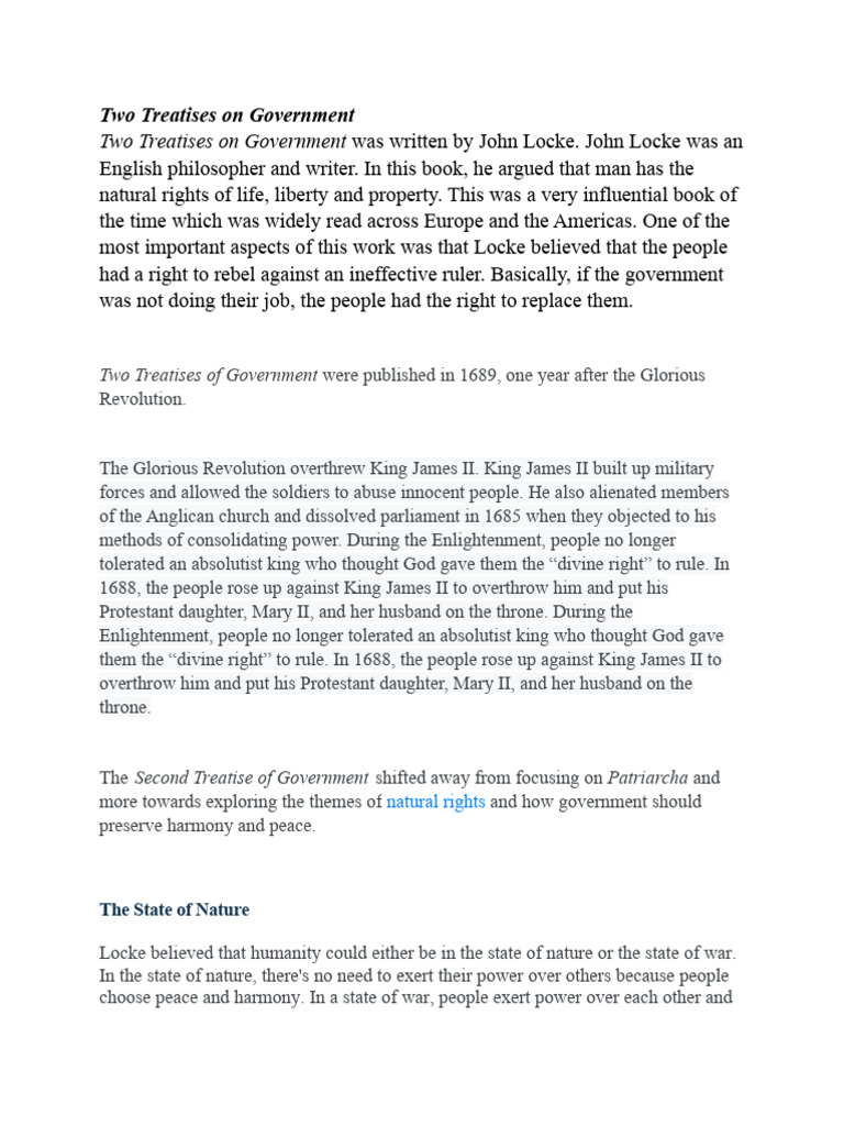 Locke's Two Treatises on Government Explained | PDF | John Locke | Property