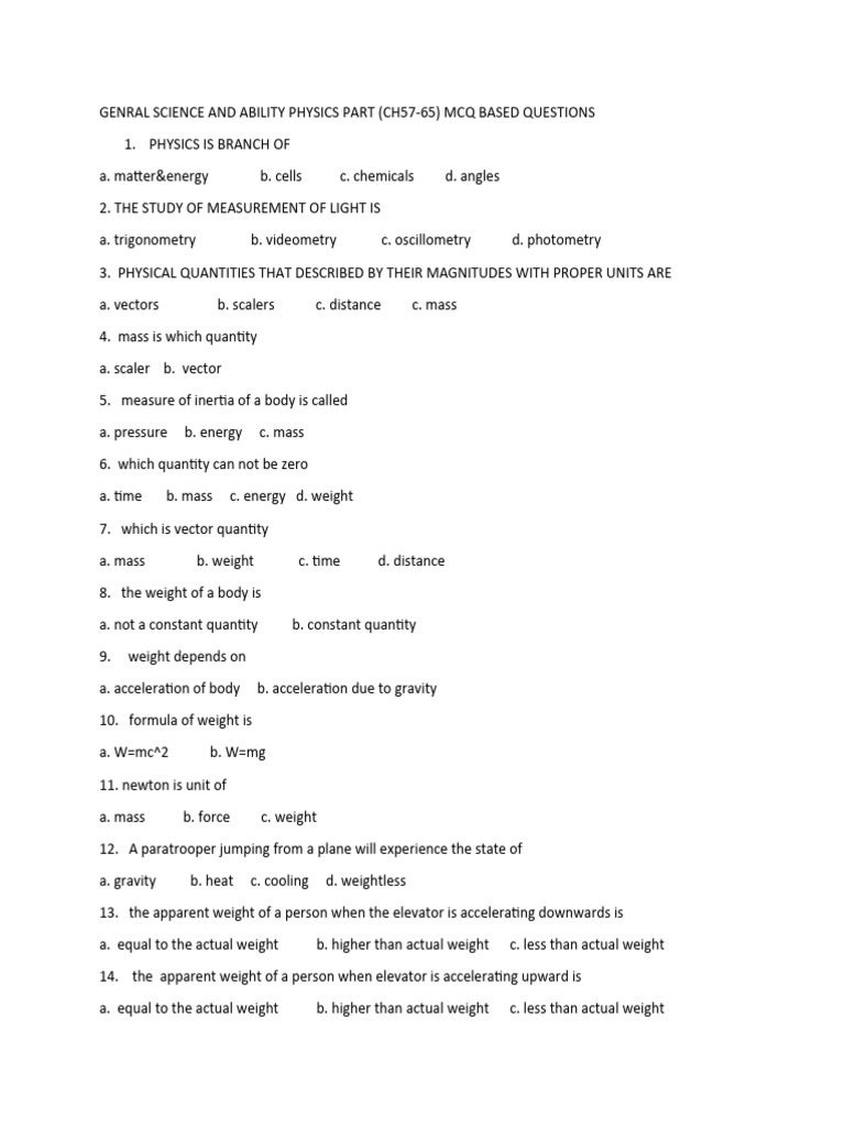 Genral Science and Ability Physics Part | PDF | Weight | Mass