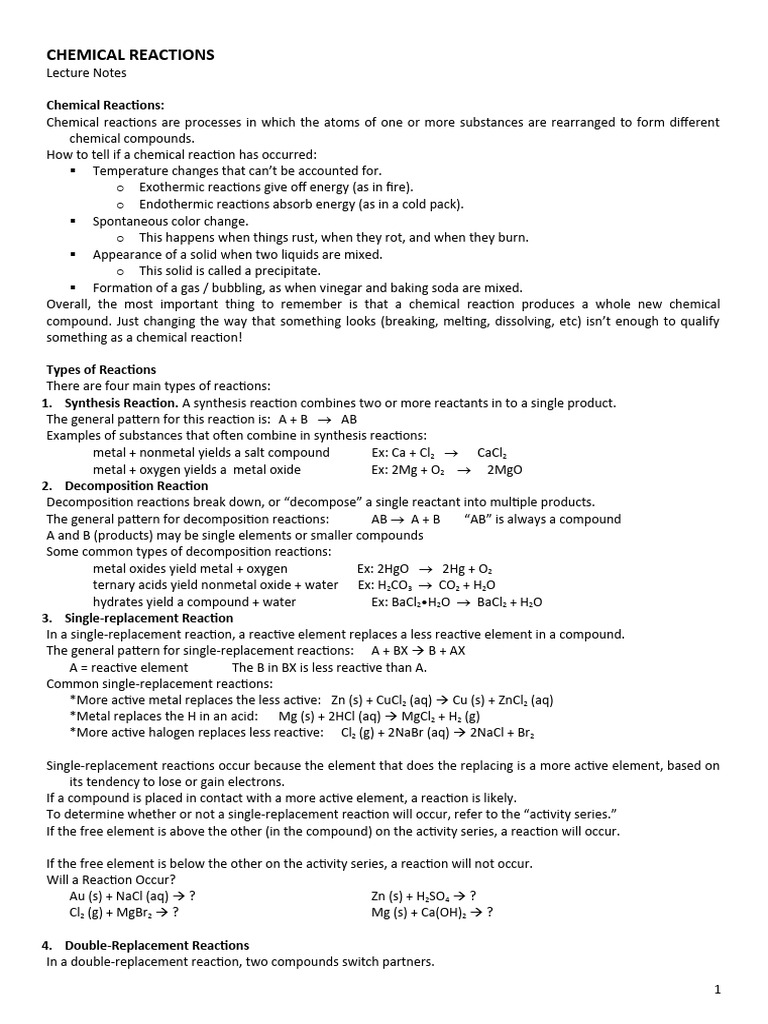 CHEMICAL REACTIONS Lecture Notes | PDF | Stoichiometry | Chemical Reactions